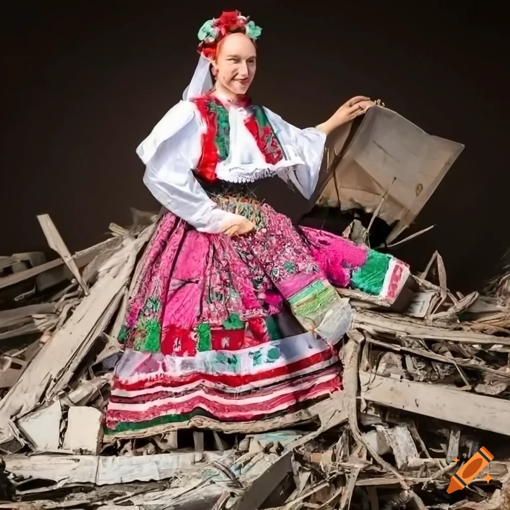 Traditional Hungarian clothes entangled in junk garbage nest web in a ...