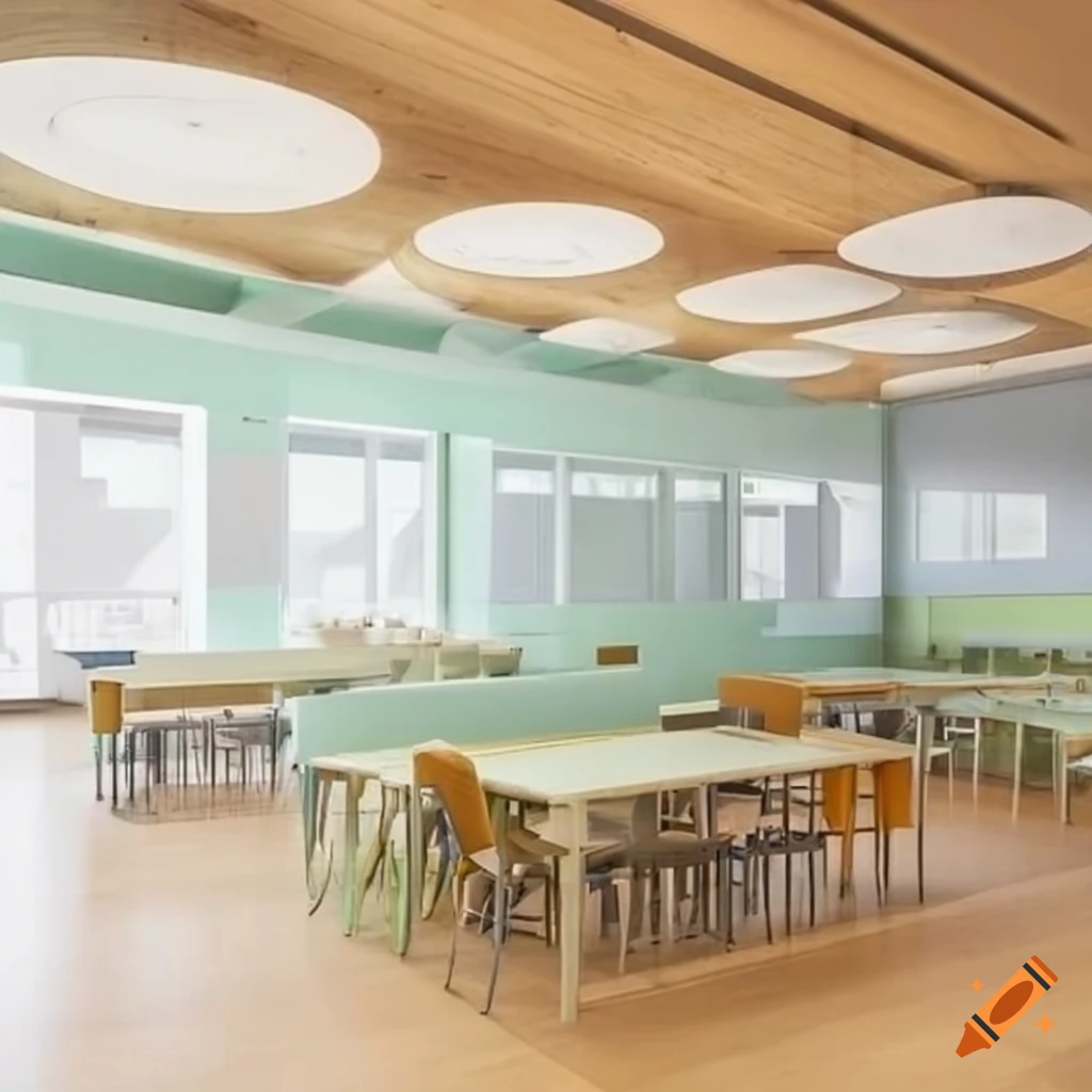 Contemporary school cafeteria design with natural light from floor-to ...