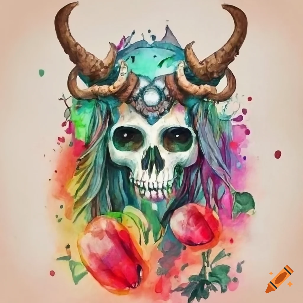 Skull druid shaman with Aries horns and colorful plant with poppy on ...