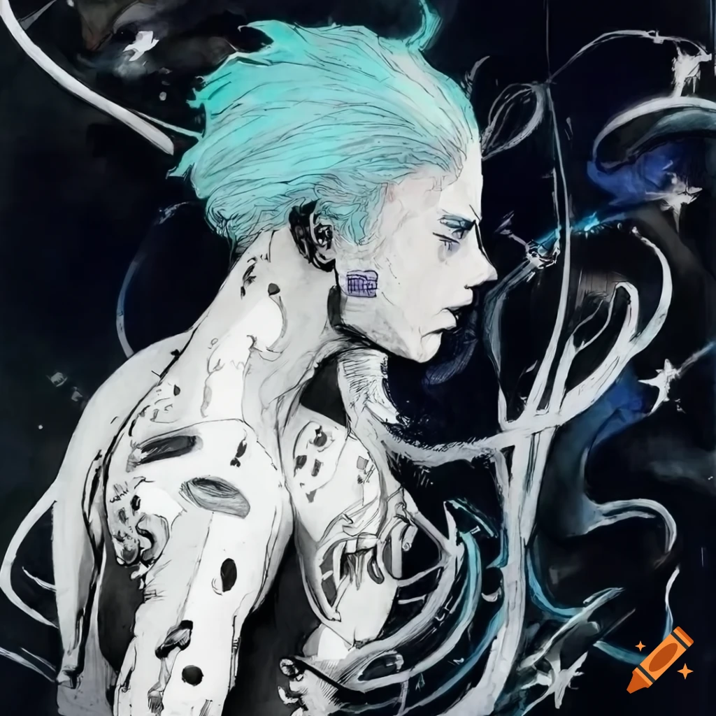 Black and white ink of a young male cyborg with light cyan hair in a ...