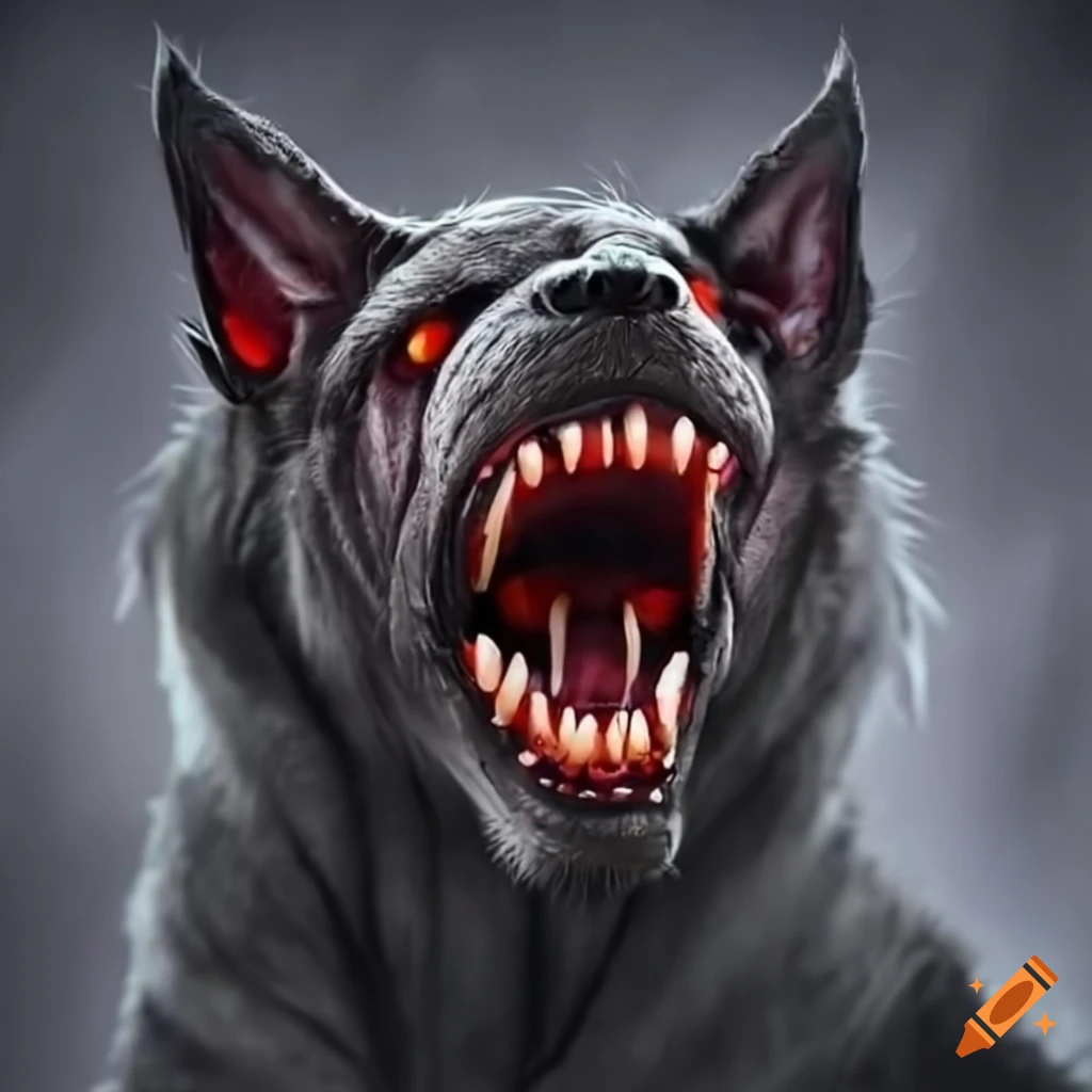 Dark angry monster dog with sharp teeth and red eyes on Craiyon