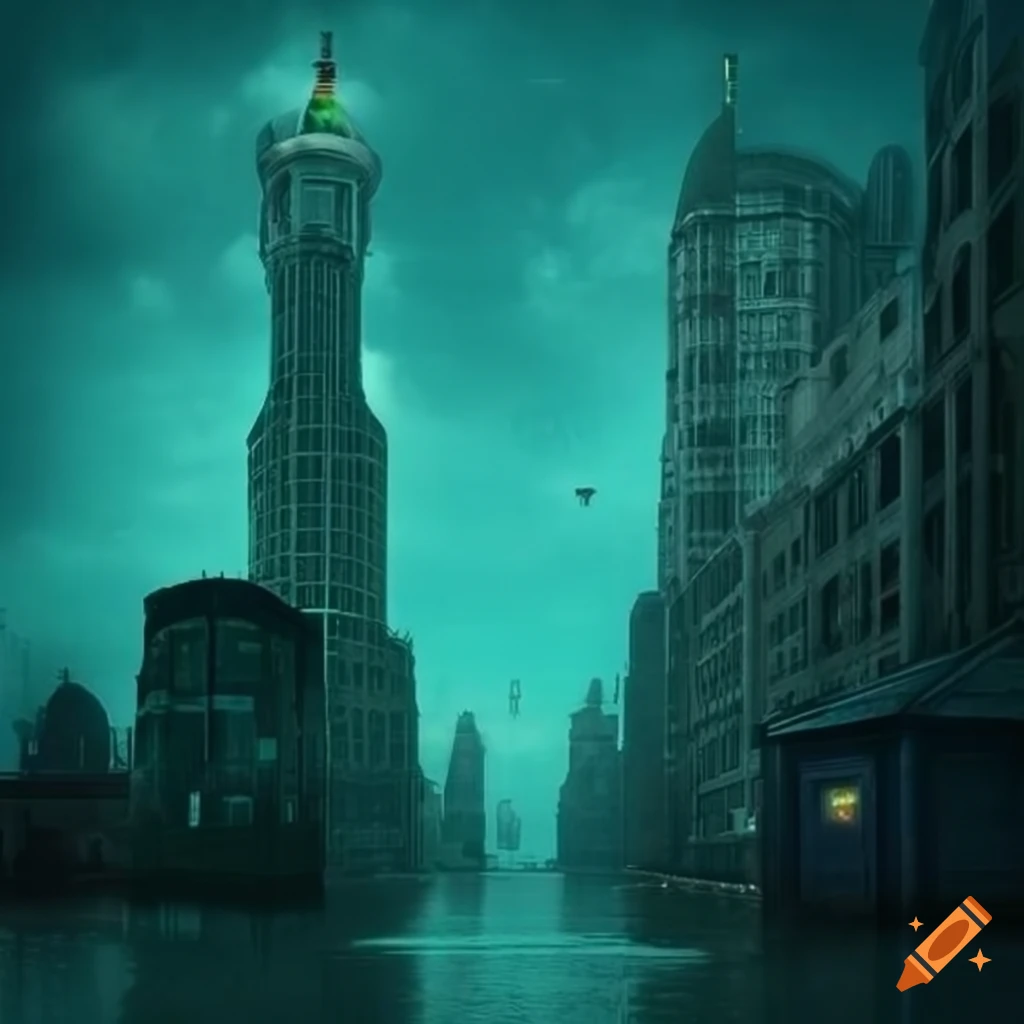 Dieselpunk underwater street with neon signs in a bioshock rapture ...
