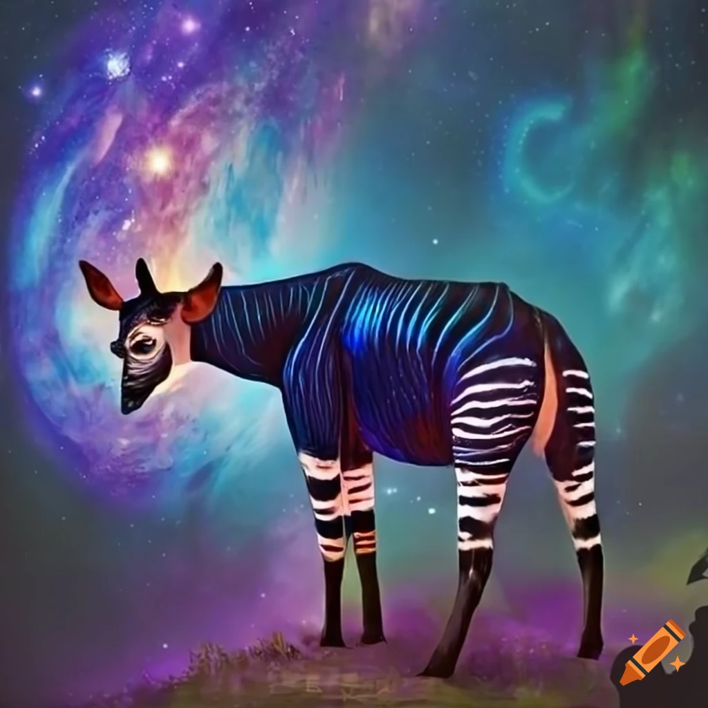 Colorful astral indigo Okapi grazing among the stars in a mythical ...