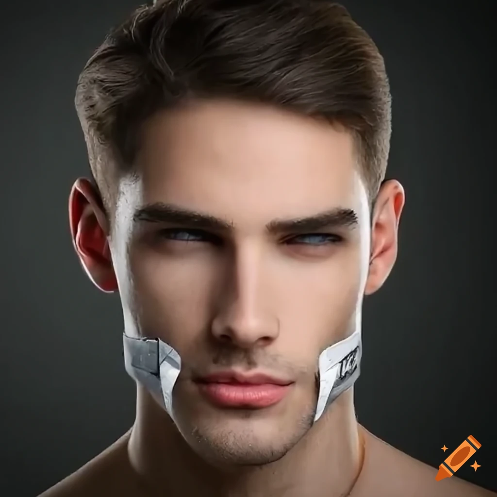 Handsome male model with robotic facial parts in a transhumanist ...