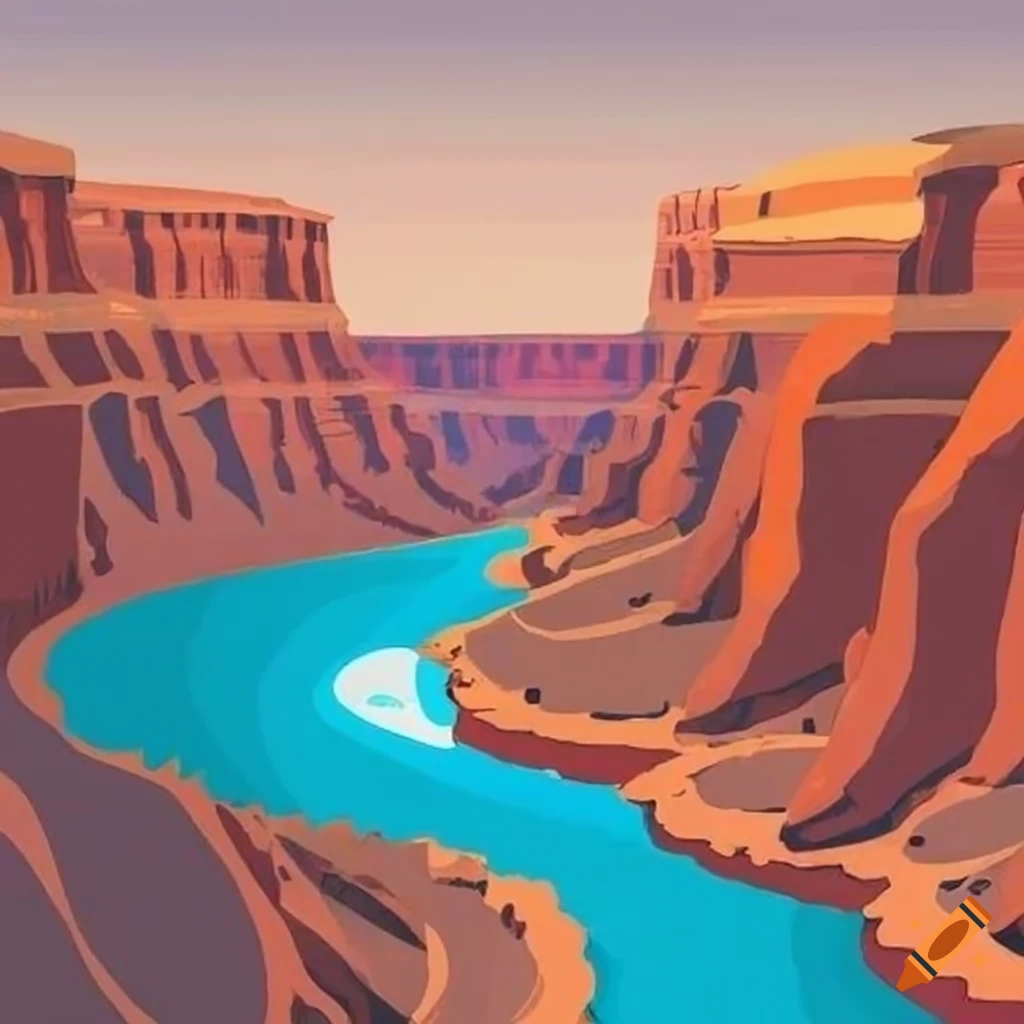 Cartoon Grand Canyon with river flowing between canyons on Craiyon