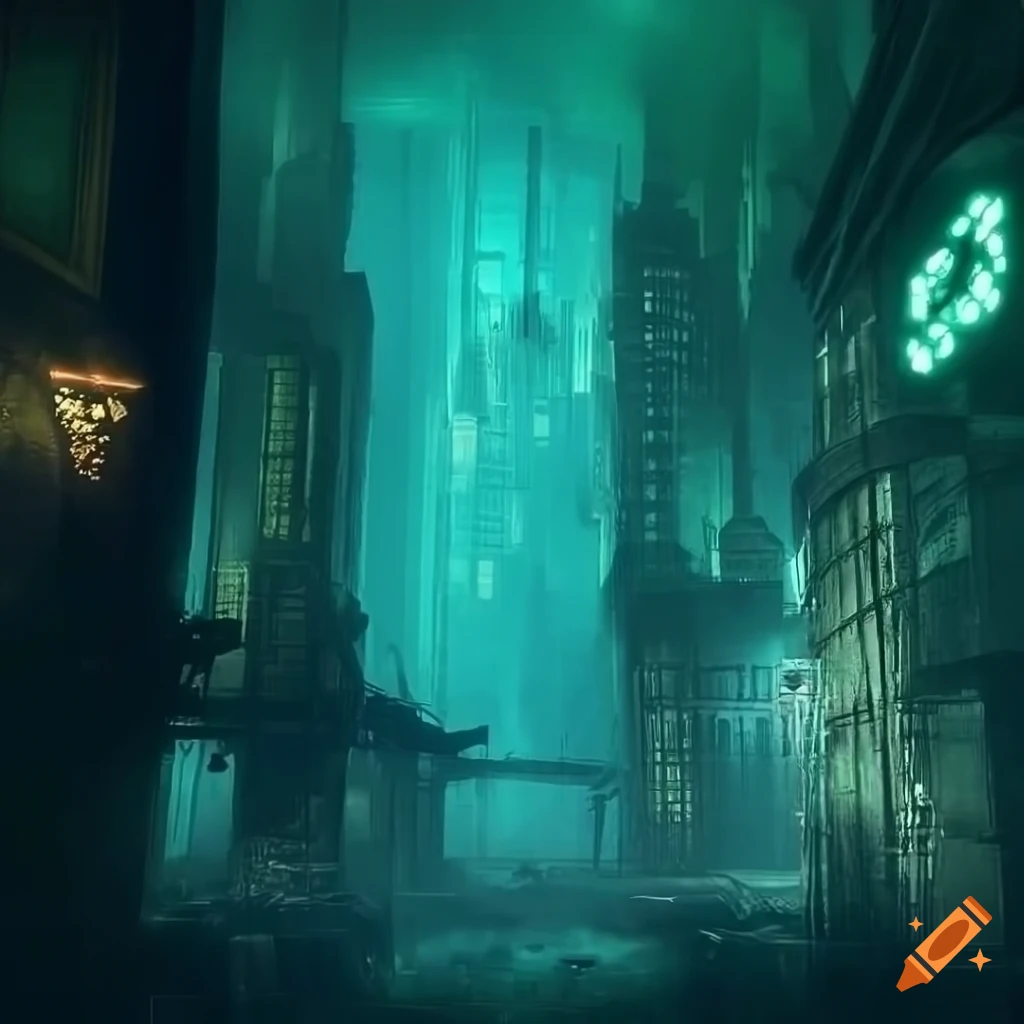Dieselpunk-themed street underwater with neon signs in a city like ...