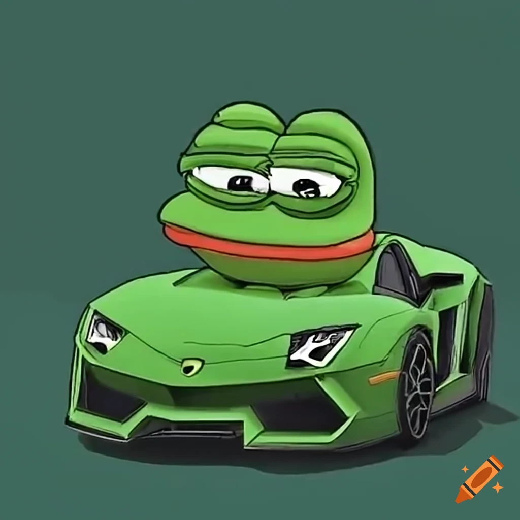 Pepe the Frog showing muscles with palm trees and Lamborghini Aventador ...