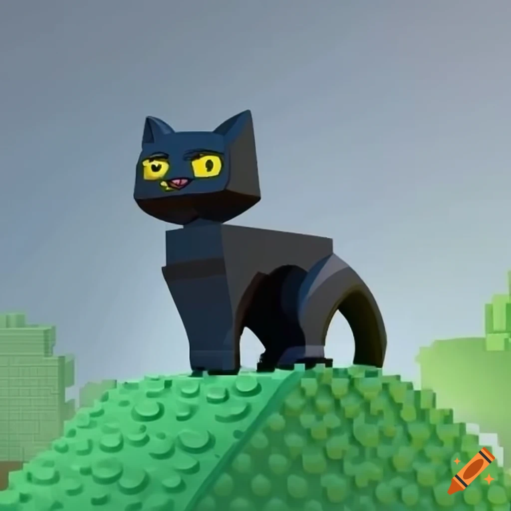 Black cat made of Lego bricks prancing on a hill in a cartoon style on ...