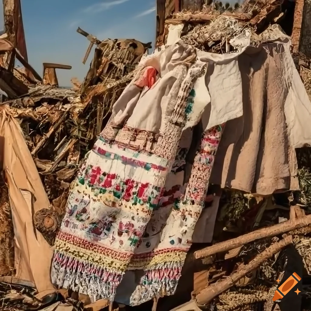 Detail of traditional hungarian clothes entangled in junk garbage nest ...
