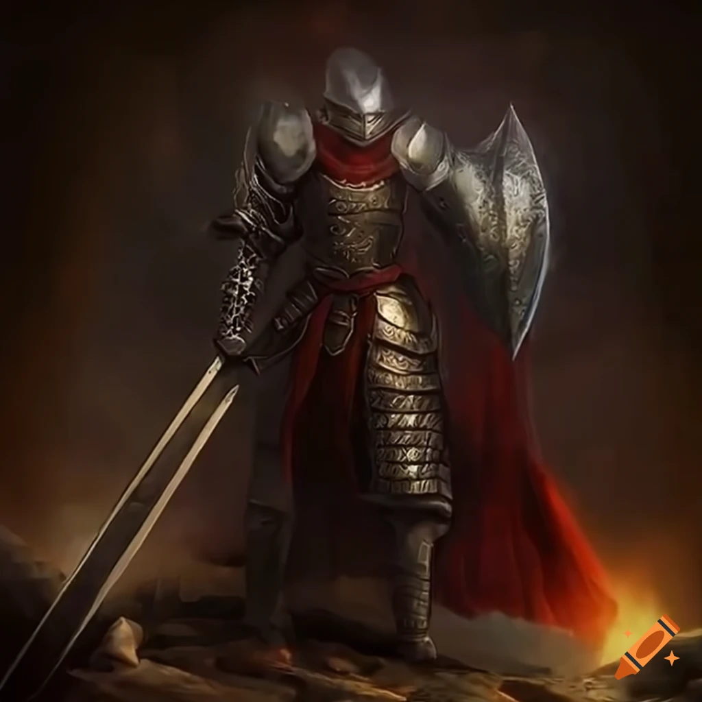 Knight in a city holding a sword after defeating a dragon on Craiyon