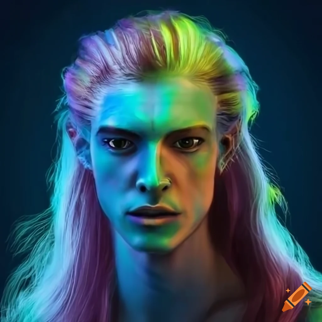 Handsome alien man with animal features and colorful attire on Craiyon