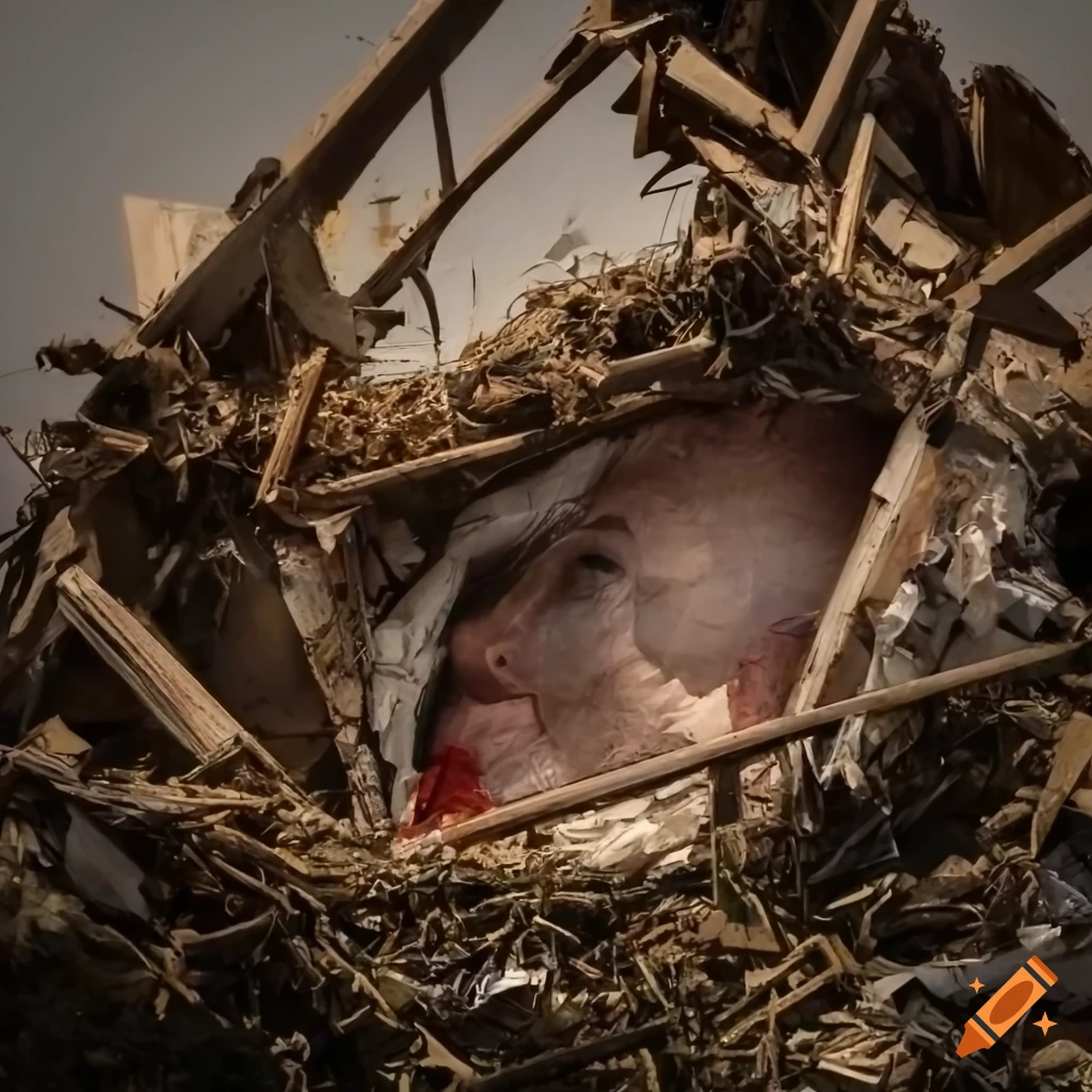 Detail of traditional hungarian clothes face caught in a web of junk ...