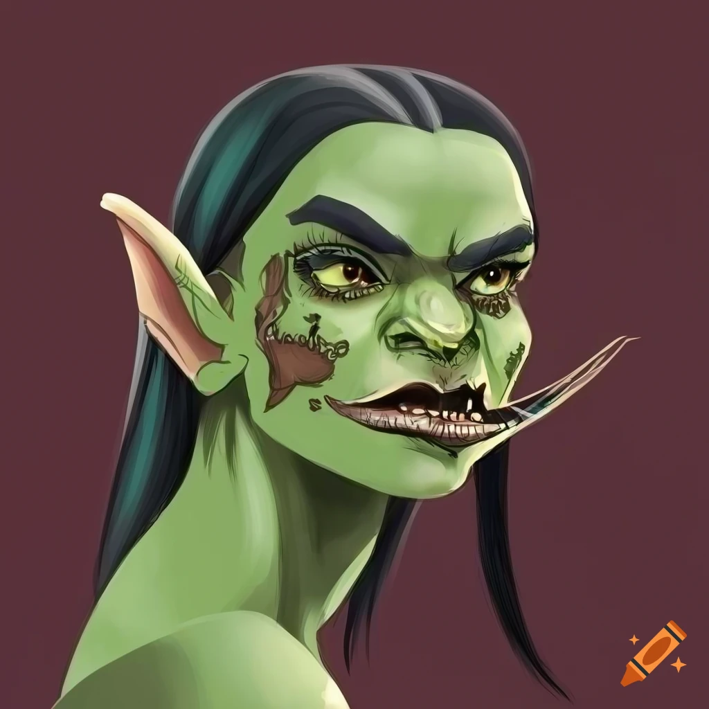 Side-profile portrait of a female orc with black hair and elephant-tusk ...