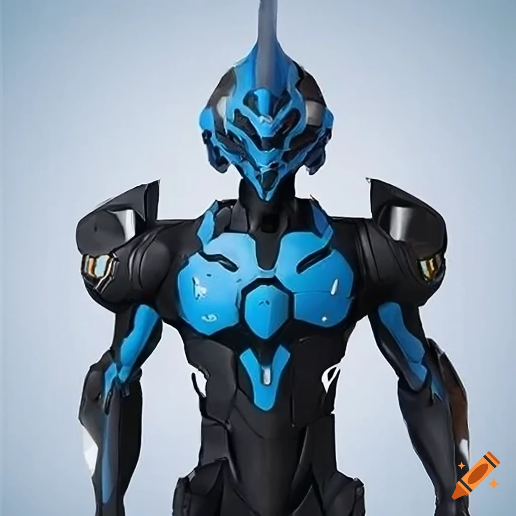 Medium black and blue energy armor plates suit with helmet on Craiyon