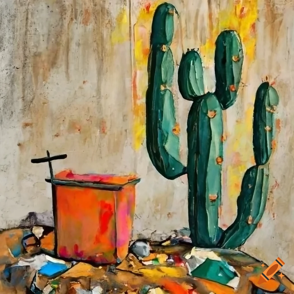 Abstract cubist painting of rock, cactus, and trash against a grungy ...
