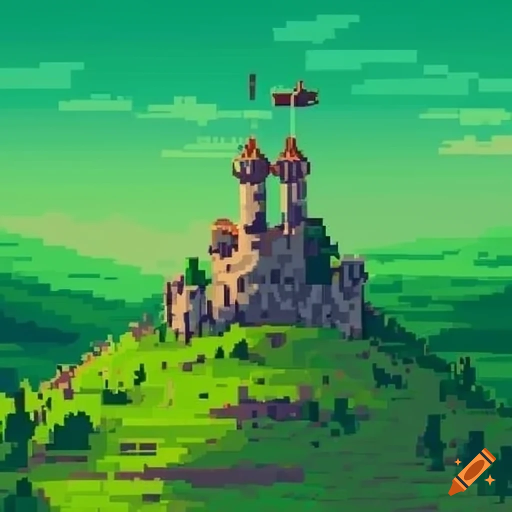 Pixel art medieval castle on a green hill in Ghibli style on Craiyon
