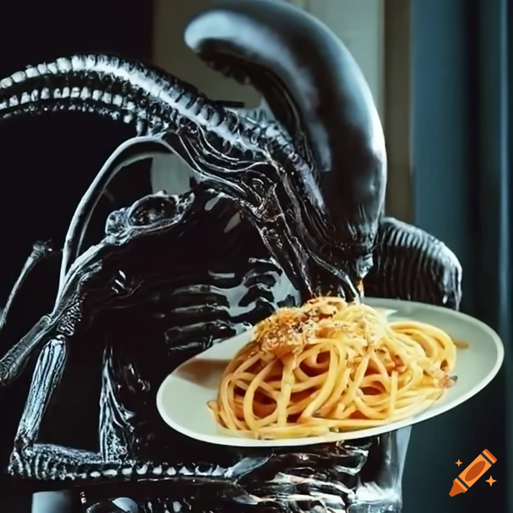Ridley Scott eating spaghetti with a xenomorph from Alien on Craiyon