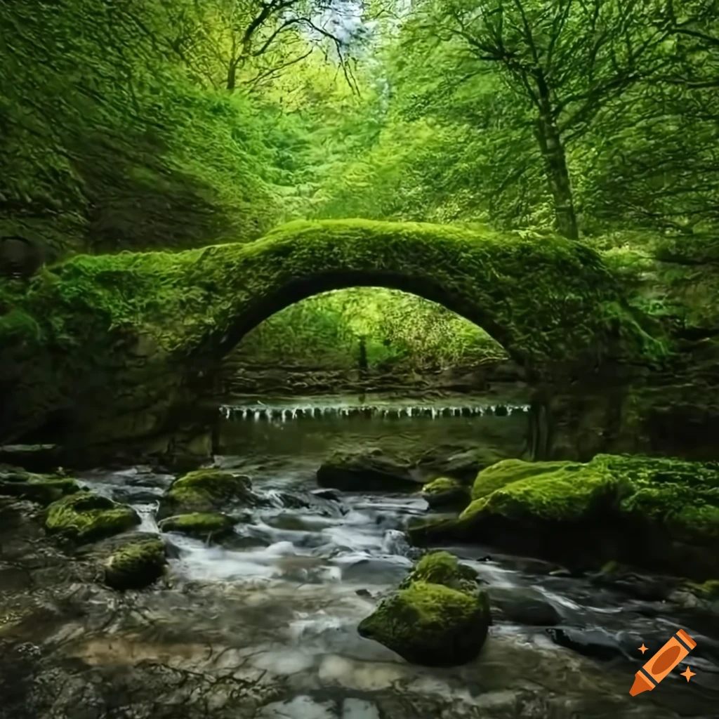 Ancient Roman stone arch bridge over a babbling brook surrounded by ...
