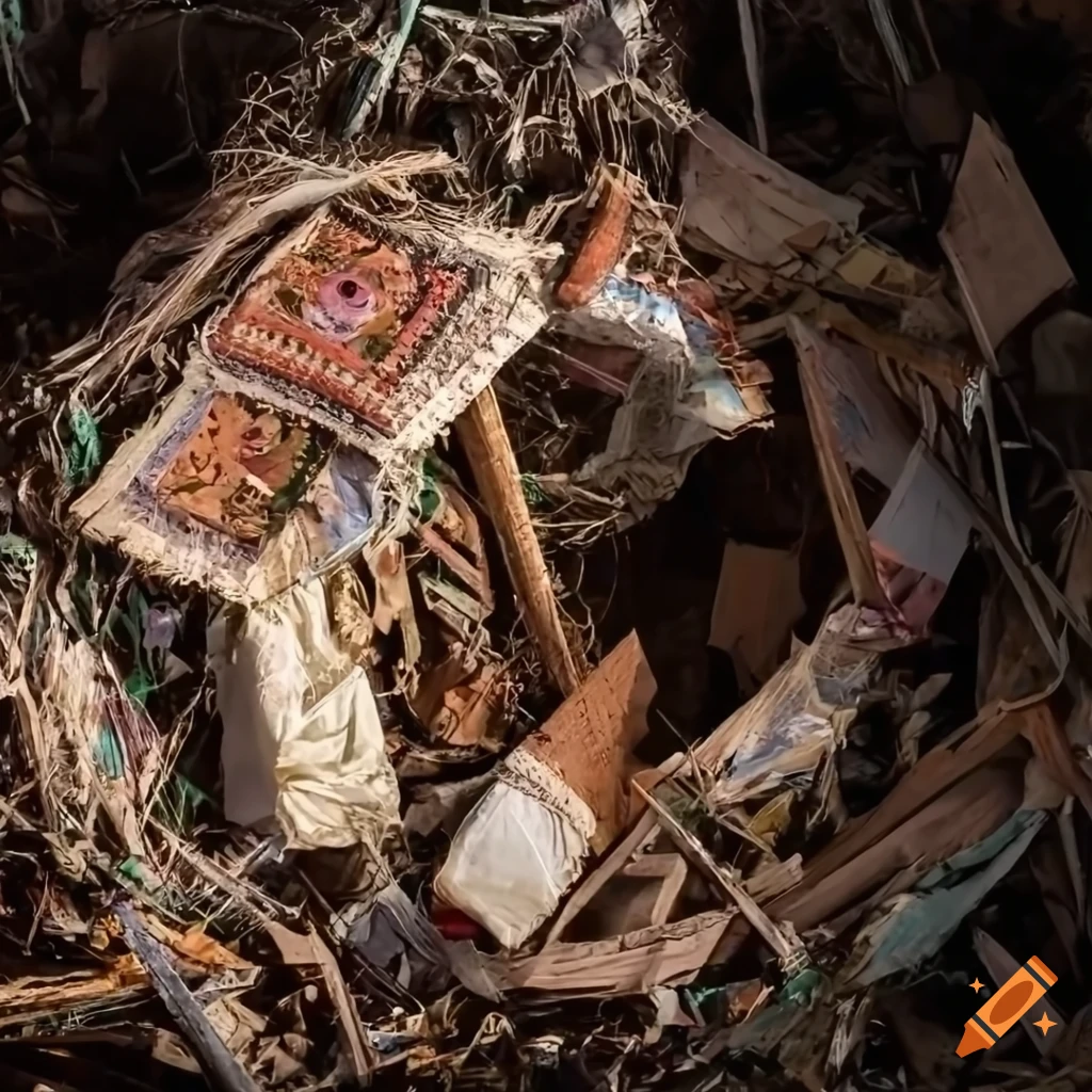 Detail of traditional hungarian clothes entangled in junk garbage nest ...