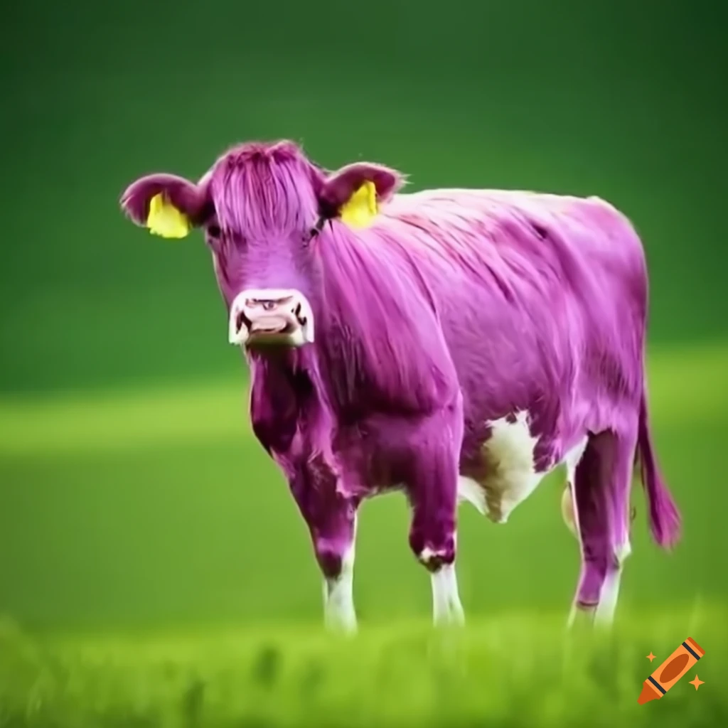 Kuh mit lila geflecktem Fell auf grüner Wiese on Craiyon
