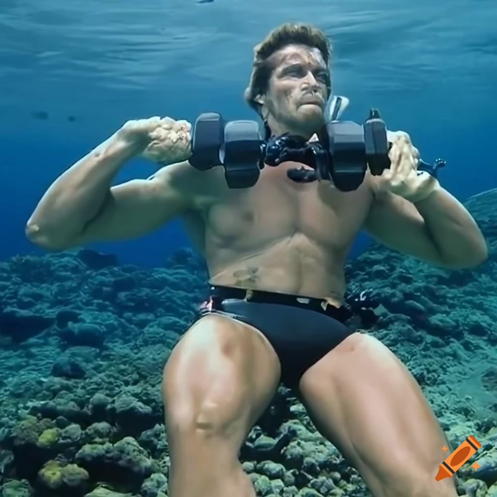 Arnold Schwarzenegger scuba diving with dumbbell, exploring coral reefs underwater on Craiyon