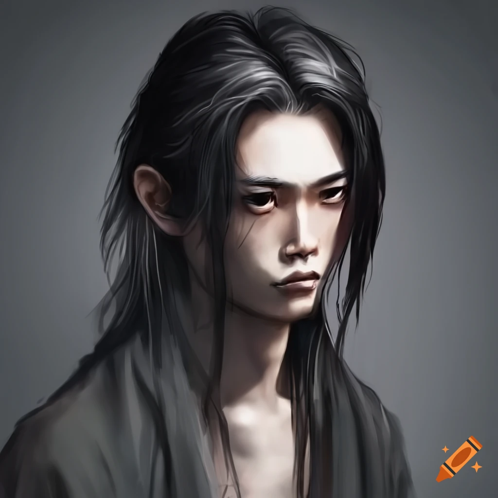 Japanese man with long dark grey hair and brown skin in tattered grey ...