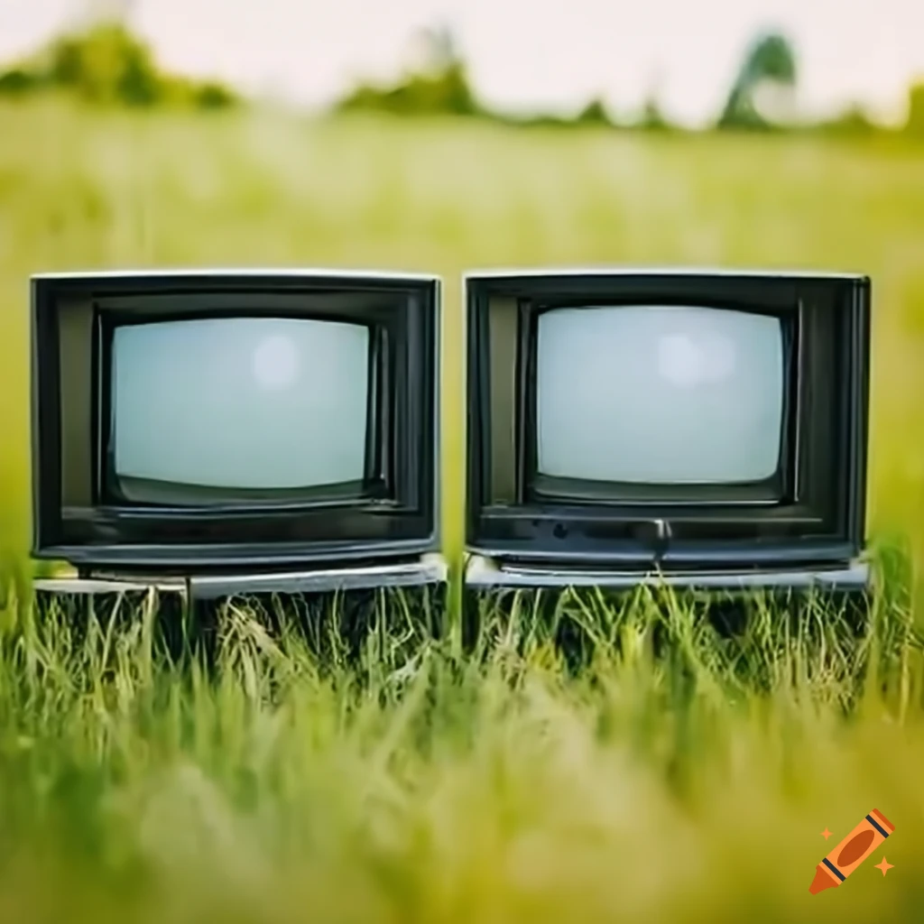 Stacked crt tvs in a grassy field with a cute aesthetic on Craiyon