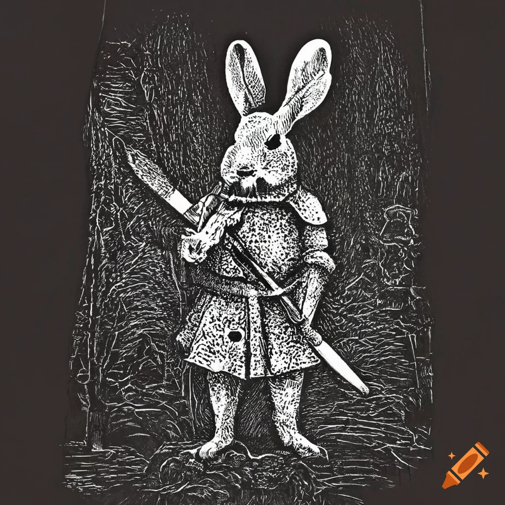 Medieval rabbit adventurer in wooden armor holding a sword in stippled ...