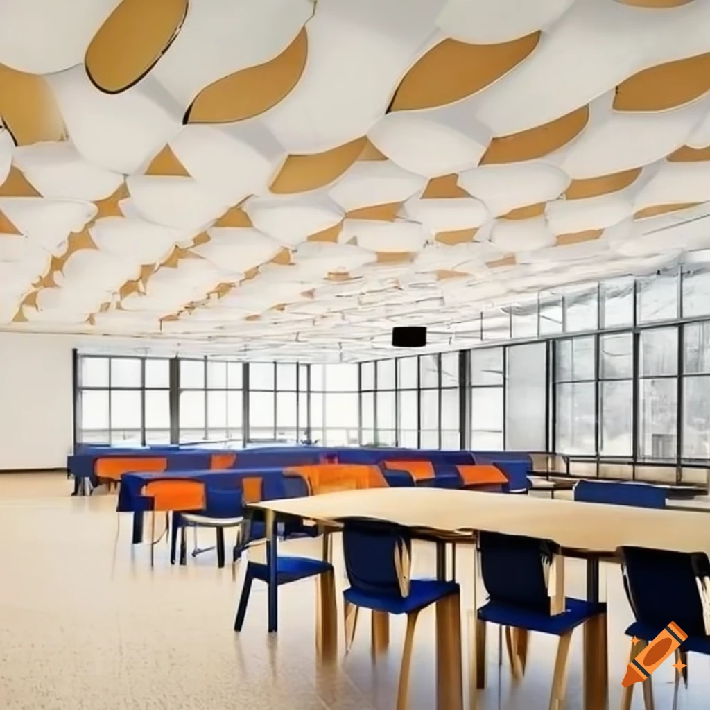 Modern school cafeteria with white hanging pendant lights and unique ...