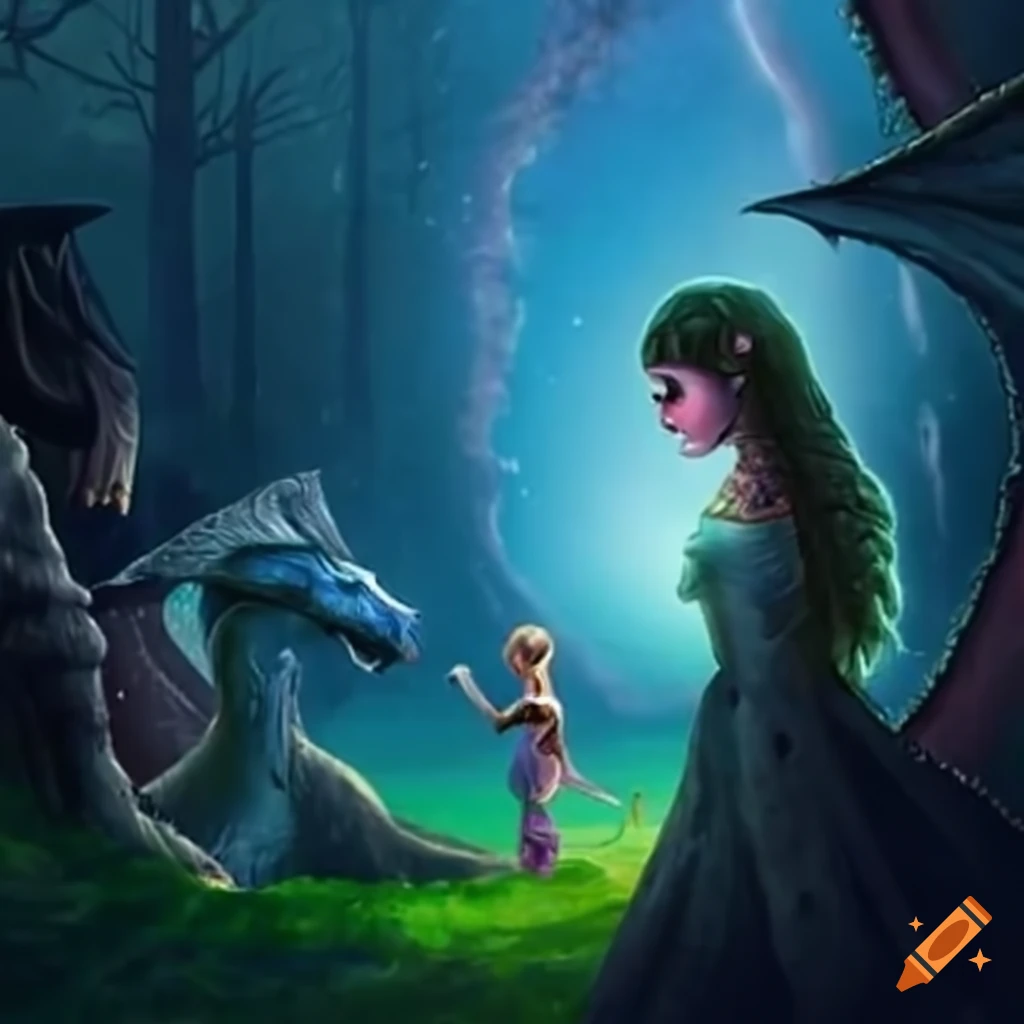 Bosque de las estrellas scene with fairies dancing, dragons sleeping ...