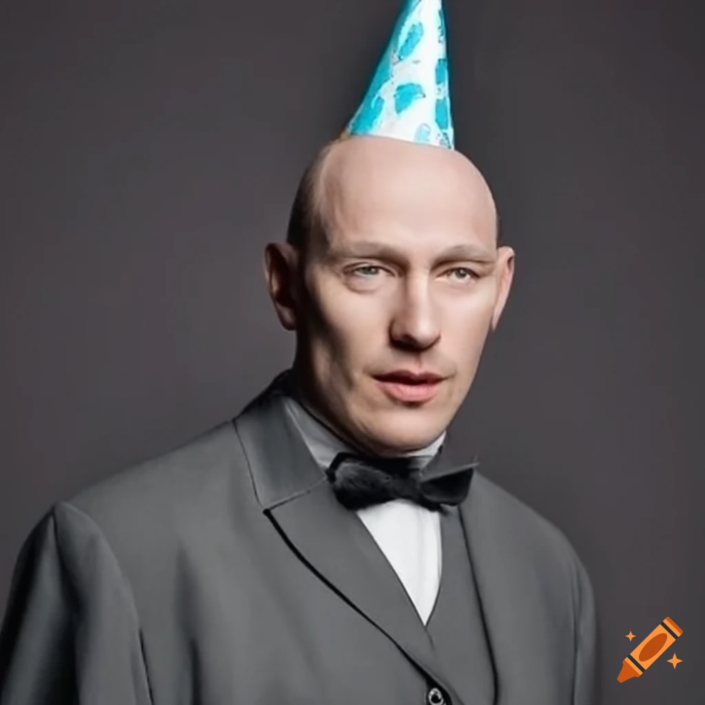 Bald man with birthday hat celebrating fiftieth birthday on Craiyon