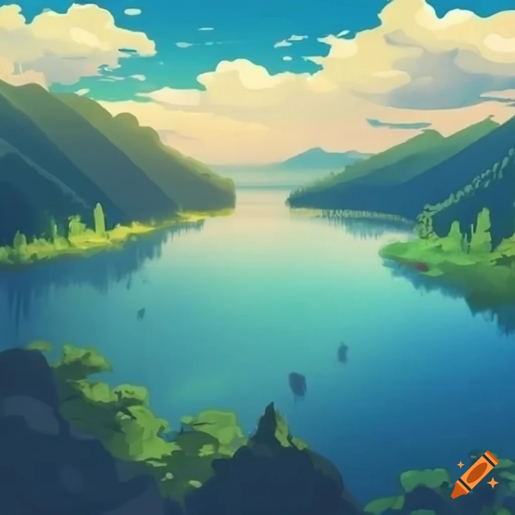 Japanese anime landscape with sunny mountains, trees, lake, and river ...