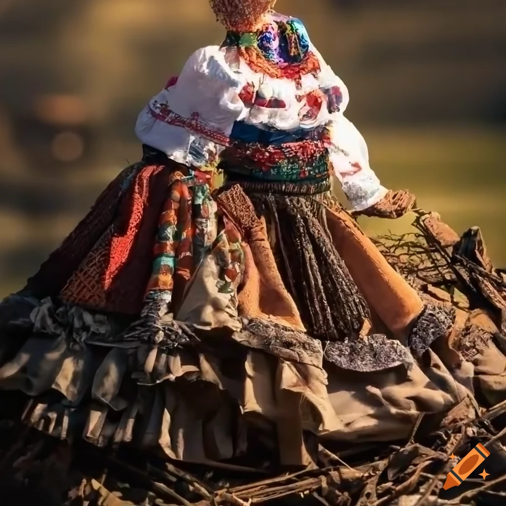 Detail of traditional hungarian clothes entangled in junk garbage nest ...