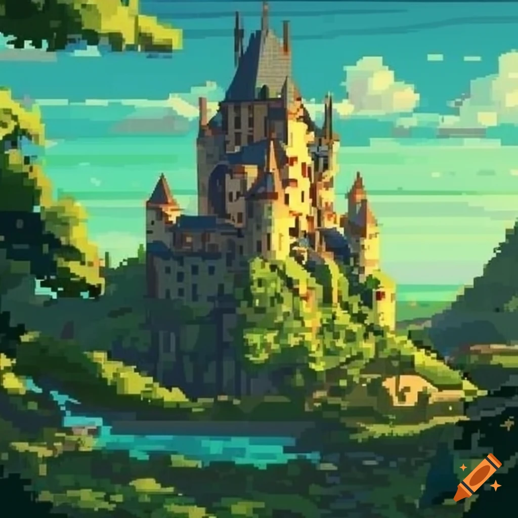 Pixel art Ghibli-style medieval castle landscape in 1920x1080 ...