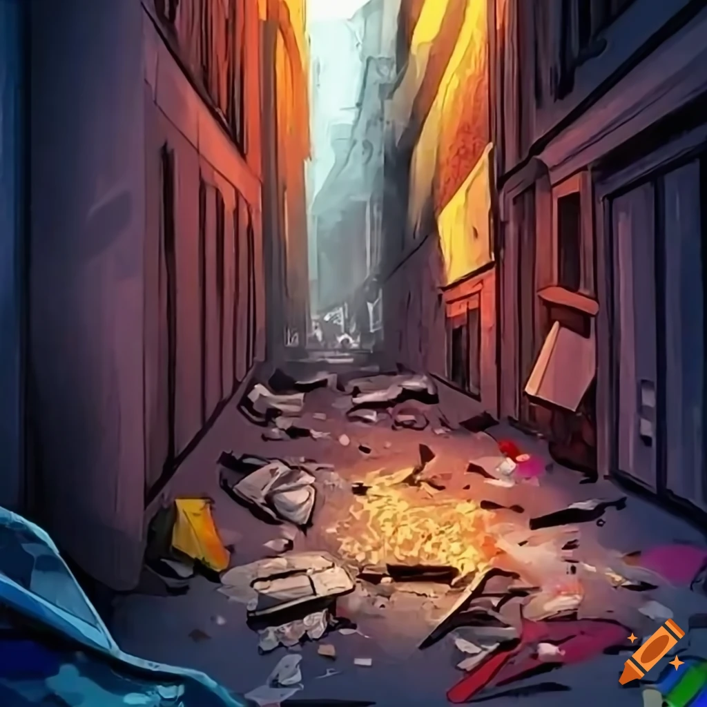 Urban alley with trash bins and homeless individuals huddled around a ...