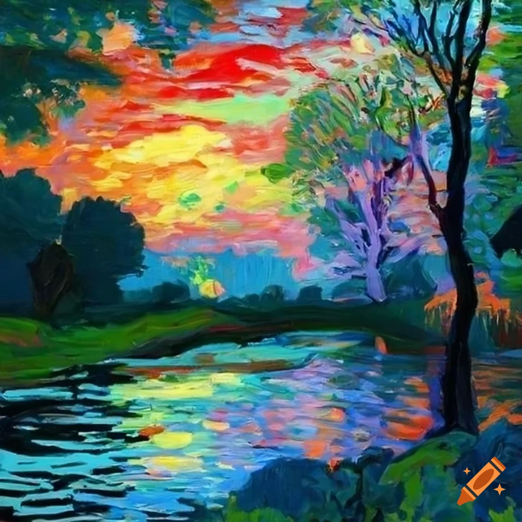 Artistic painting of a lush and vibrant landscape with towering trees ...
