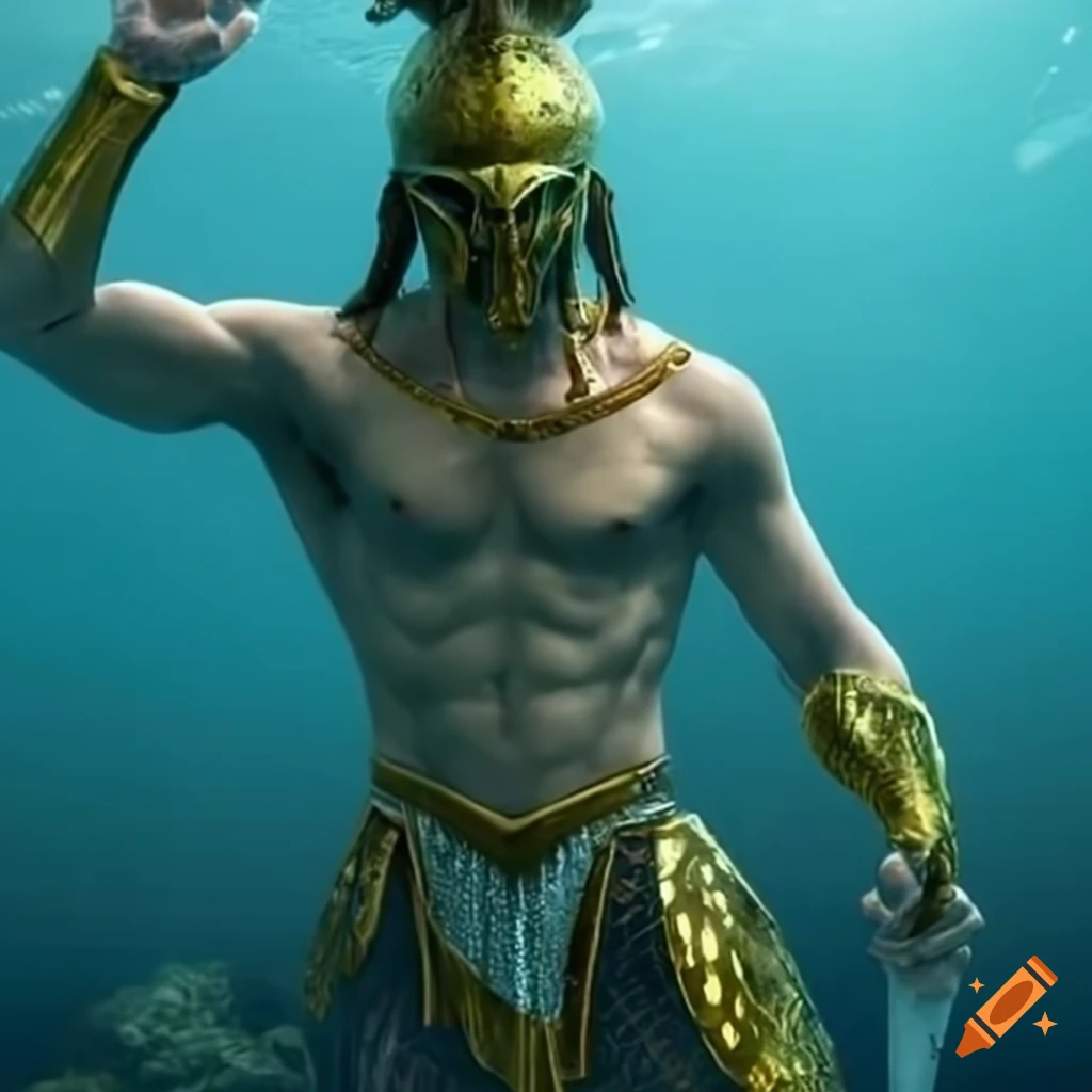 Underwater humans in ancient Greek armor similar to Aquaman on Craiyon