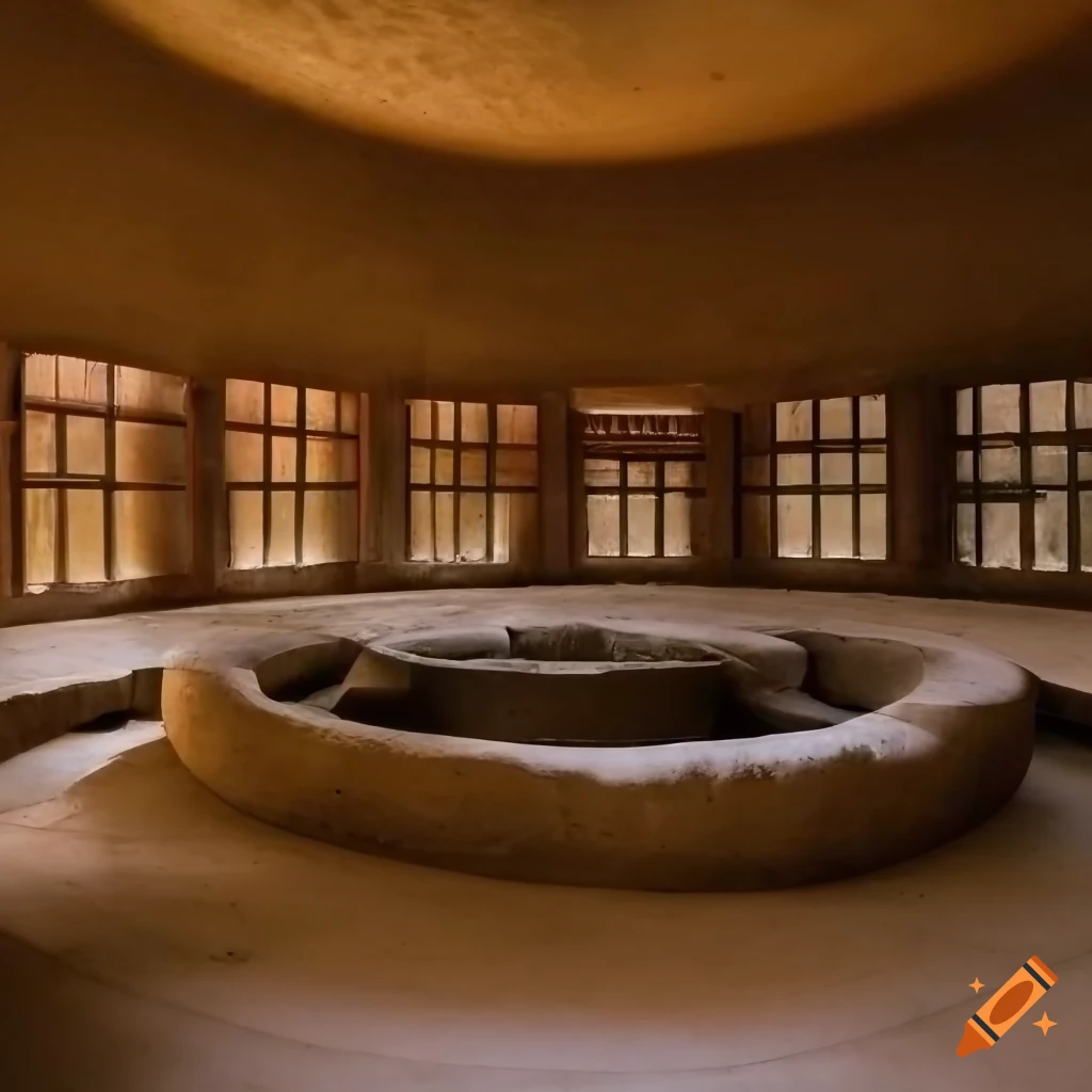 Interior of a brown adobe home with circular seating pit on sandy floor ...