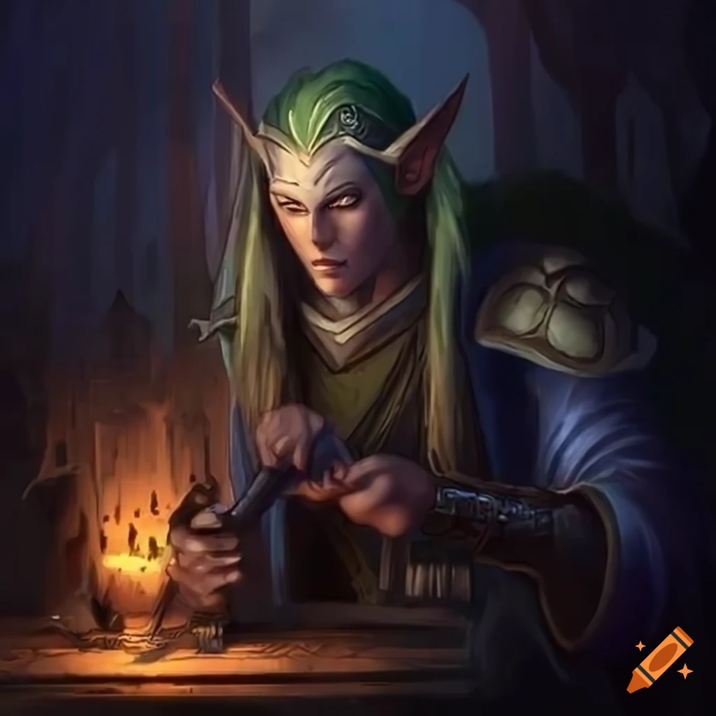 High elf practicing smithing skills in an imperial fantasy city forge ...