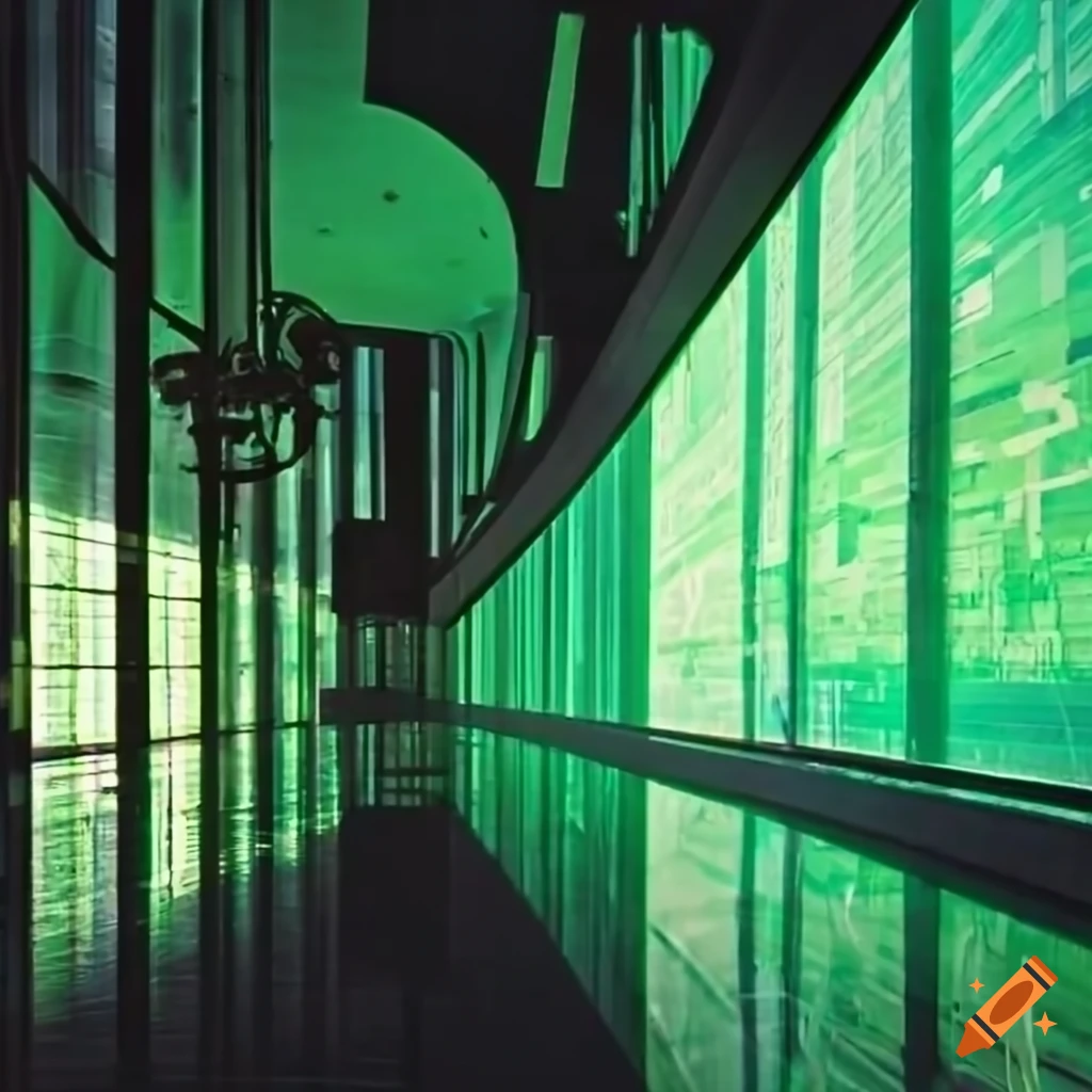 Green and black crt screen graphic of a lobby with marble floors, glass ...