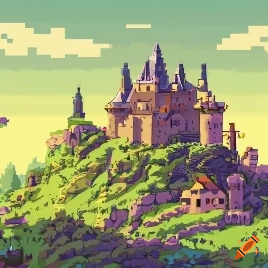 Pixel art medieval castle in a ghibli-style distant landscape on Craiyon
