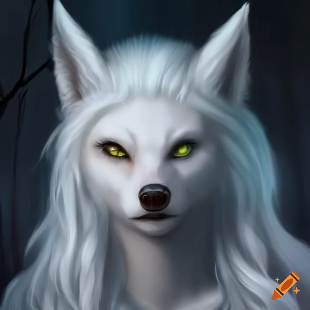 Female werewolf with white fur and wavy hair, spring green eyes on Craiyon