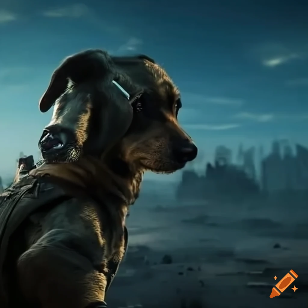 Dog in exosuit in post-apocalyptic world on Craiyon