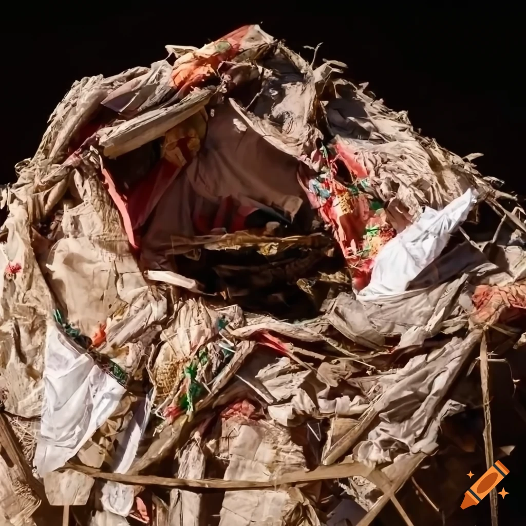 Detail of traditional hungarian clothes entangled in junk garbage nest ...