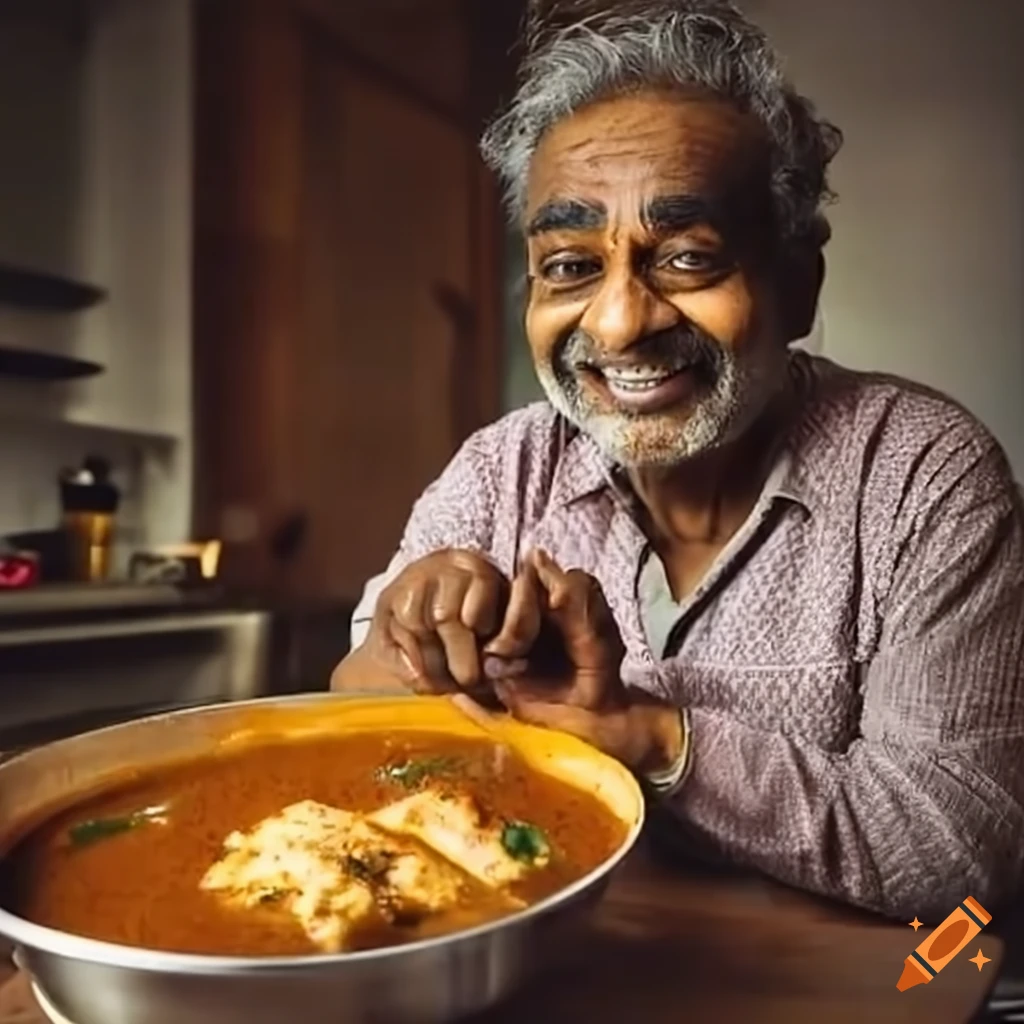 Indian man smiling over a steaming bowl of curry in a cozy kitchen on ...