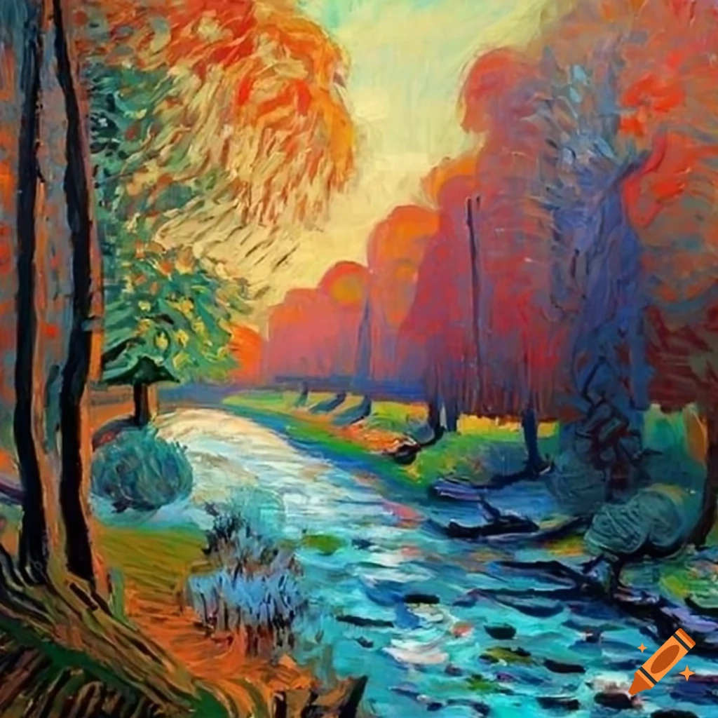 Artistic painting of a lush and vibrant landscape with towering trees ...
