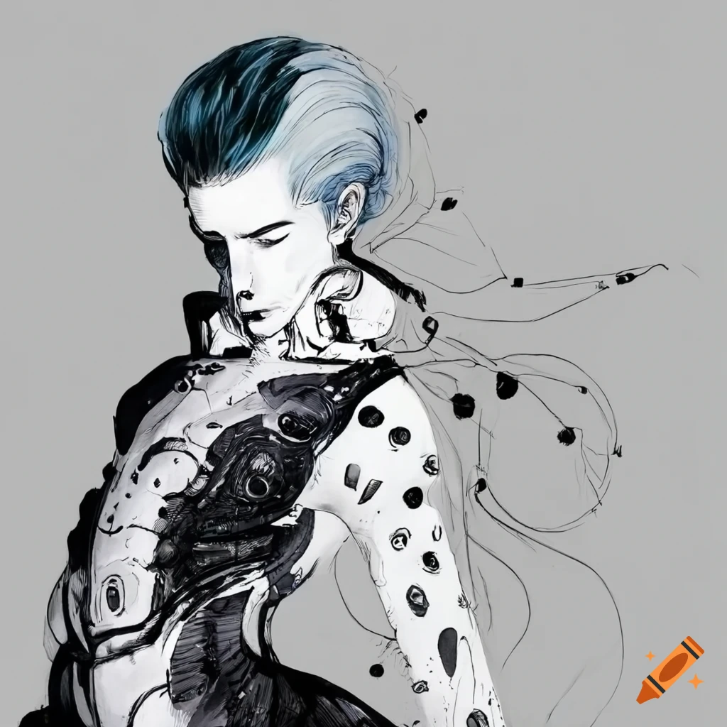 Young male cyborg in white high-tech bodysuit with light cyan hair in ...