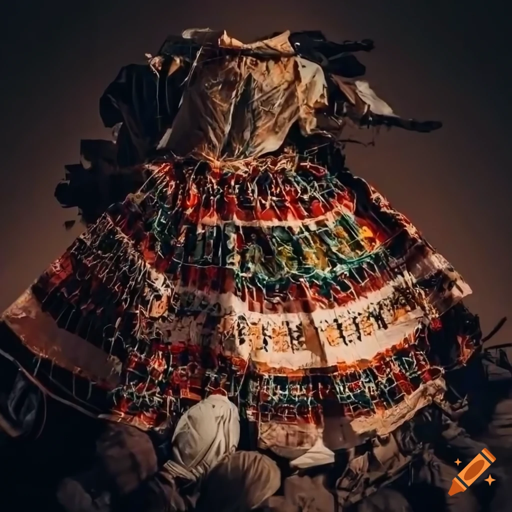 Traditional Hungarian clothes entangled in junk garbage in a destroyed ...