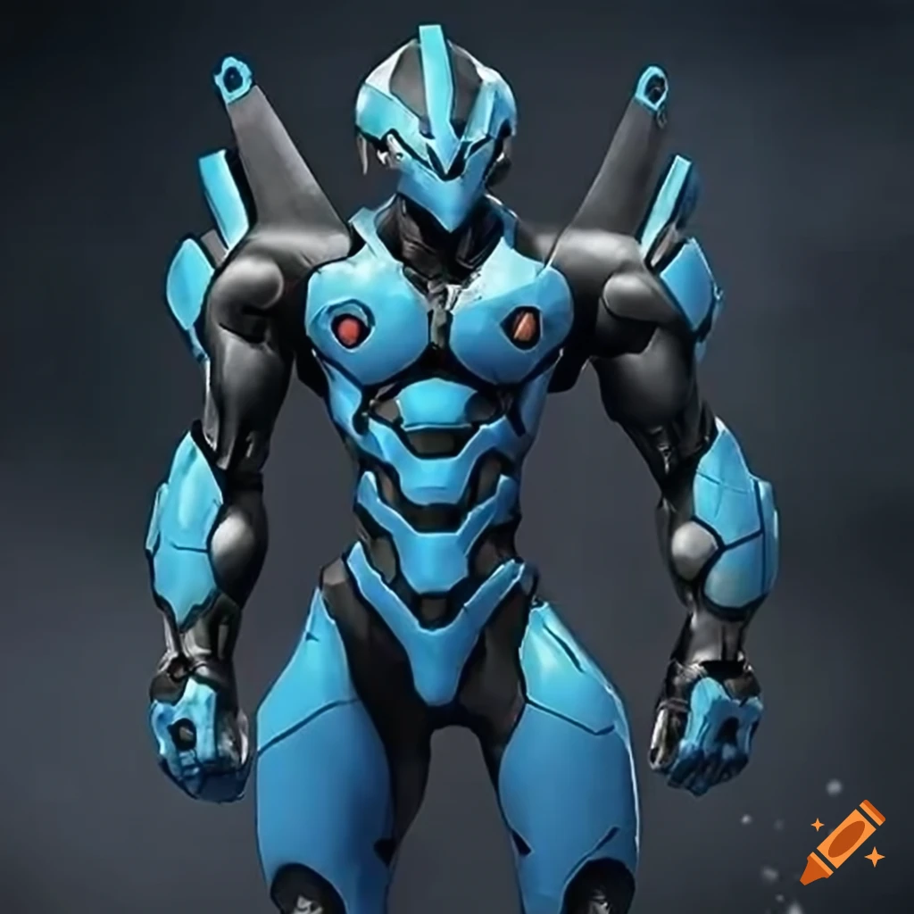 Medium black and blue energy armor plates suit with helmet on Craiyon