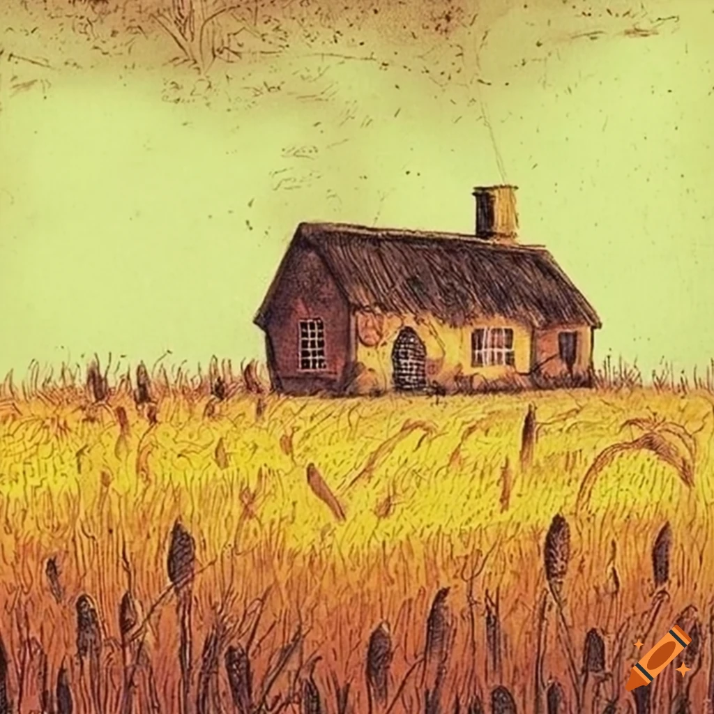 Detailed vintage cornfield drawing with a cottage on Craiyon